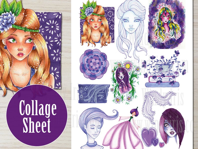 Ultra Violet Printable Collage Elements Sheet PDF of 12 Hand Drawn ...
