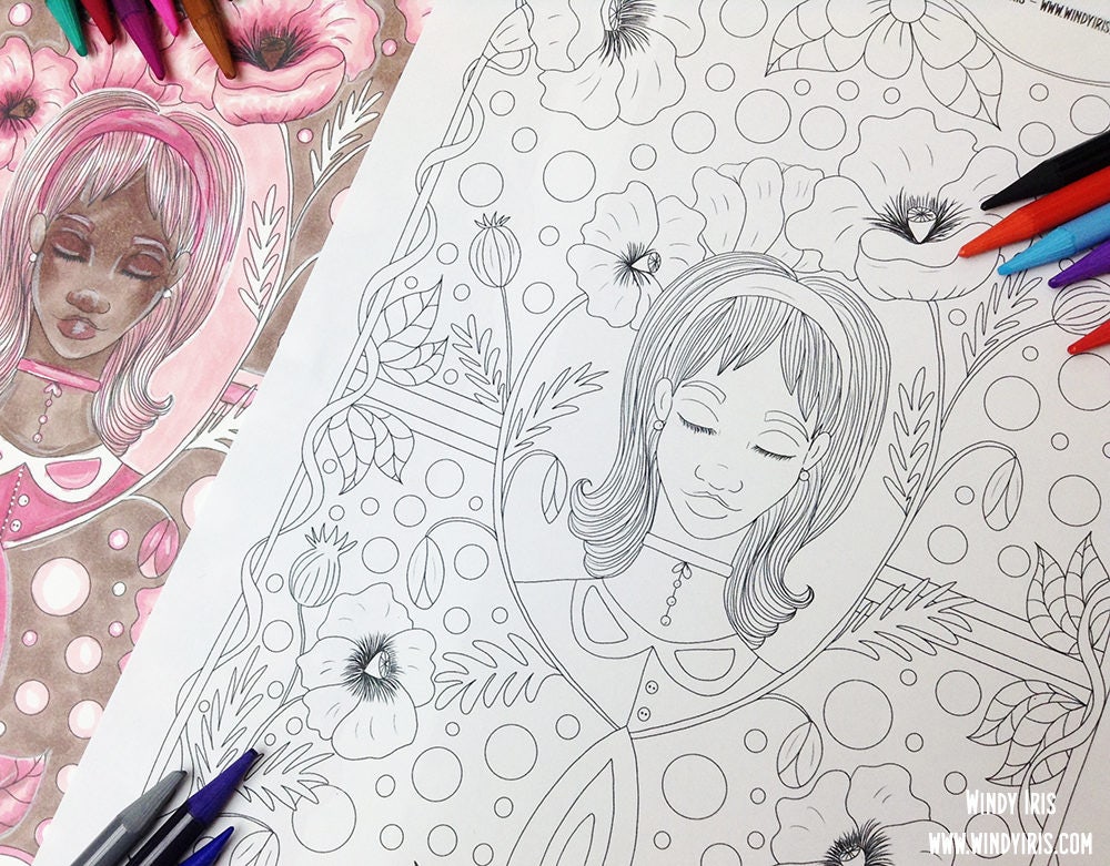 Poppies Girl Printable Coloring Page PDF, Poppy Floral Illustration ...