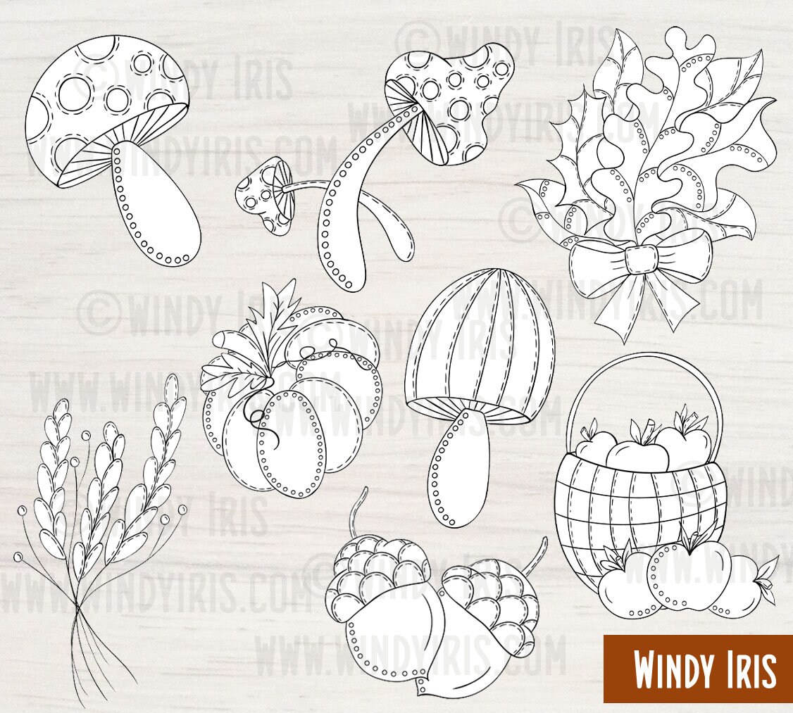 Autumn Walk Digital Stamp Set of 8 Black and White Fall Focal - Etsy