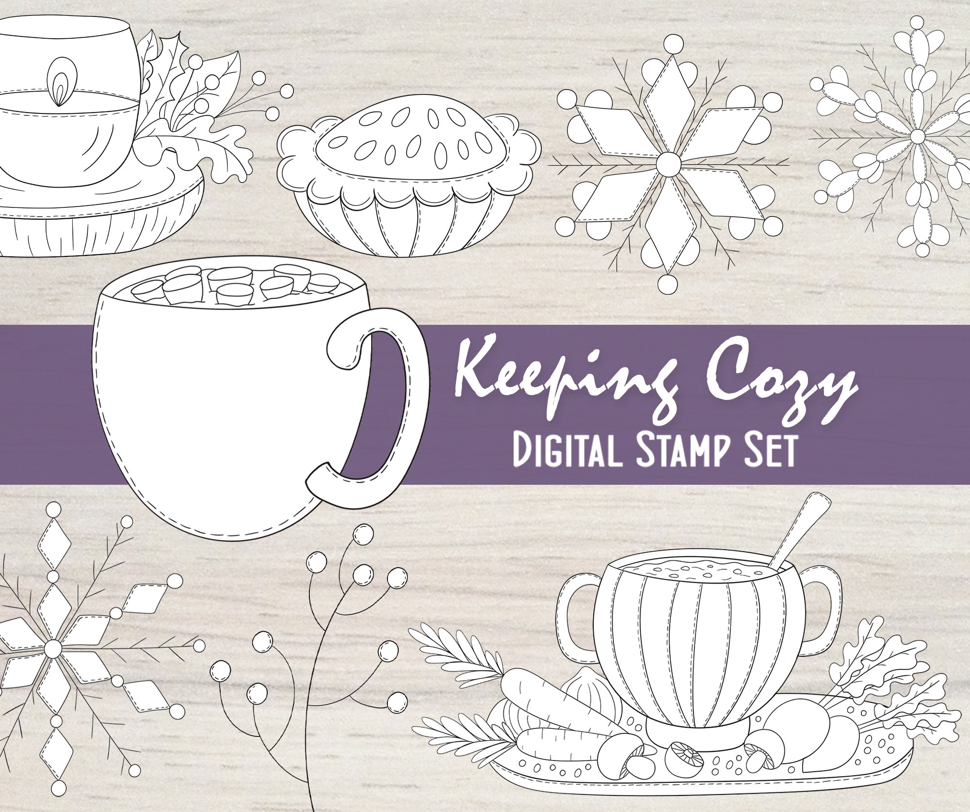 Keeping Cozy Winter Digital Stamp Set of 8 Black and White - Etsy