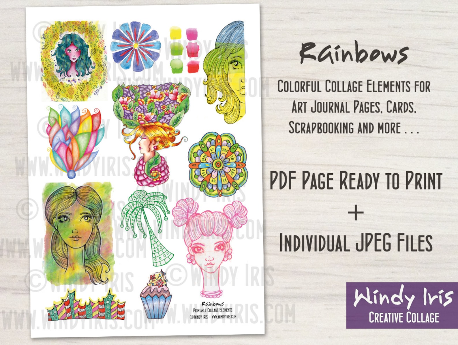 Rainbow Printable Collage Elements Sheet PDF of 12 Hand Drawn Collage ...