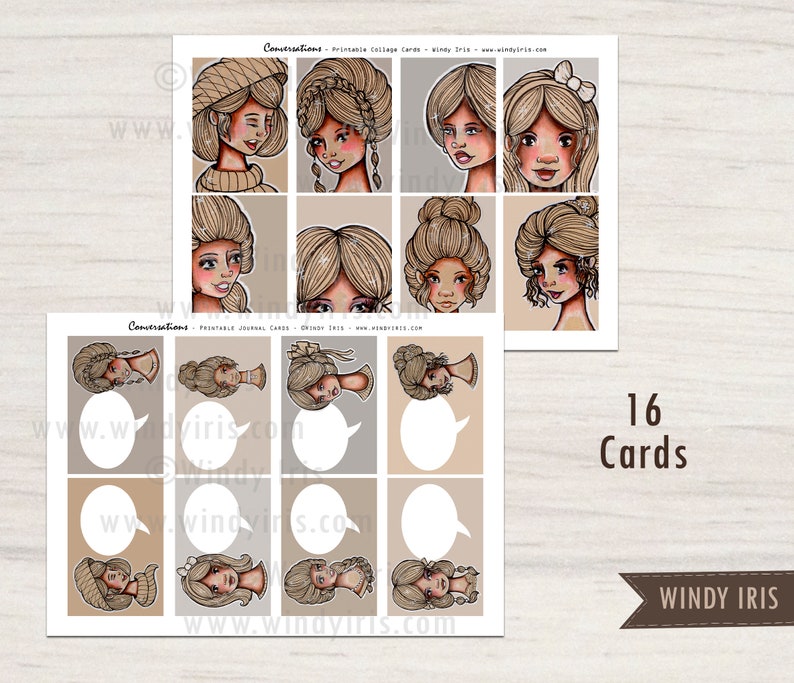 Printable Journal Cards PDF of 16 Hand Drawn Vintage Girls Faces With ...