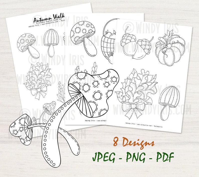 Autumn Walk Digital Stamp Set of 8 Black and White Fall Focal - Etsy