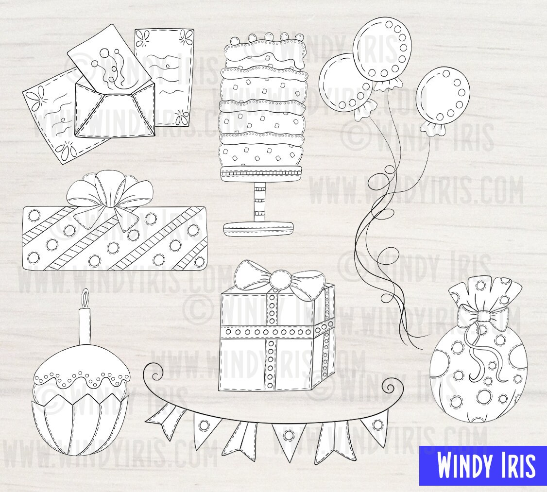 Birthday Party Digital Stamp Set of 8 Black and White Focal Points for ...