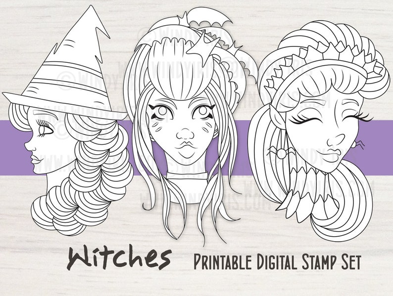 Cute Witch Digital Stamp Set 3 Black and White Halloween Embellishments ...