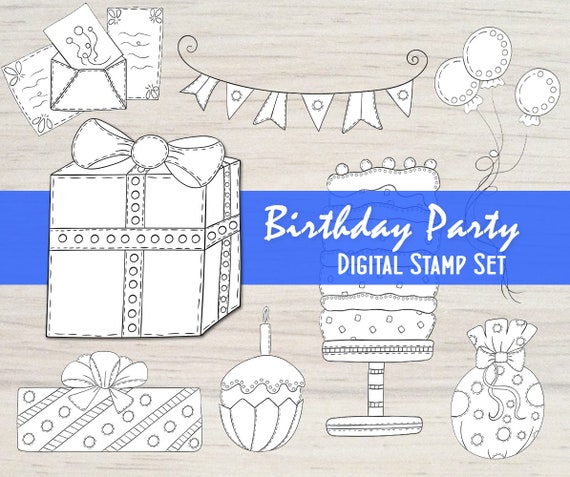 Birthday Party Digital Stamp Set of 8 Black and White Focal | Etsy