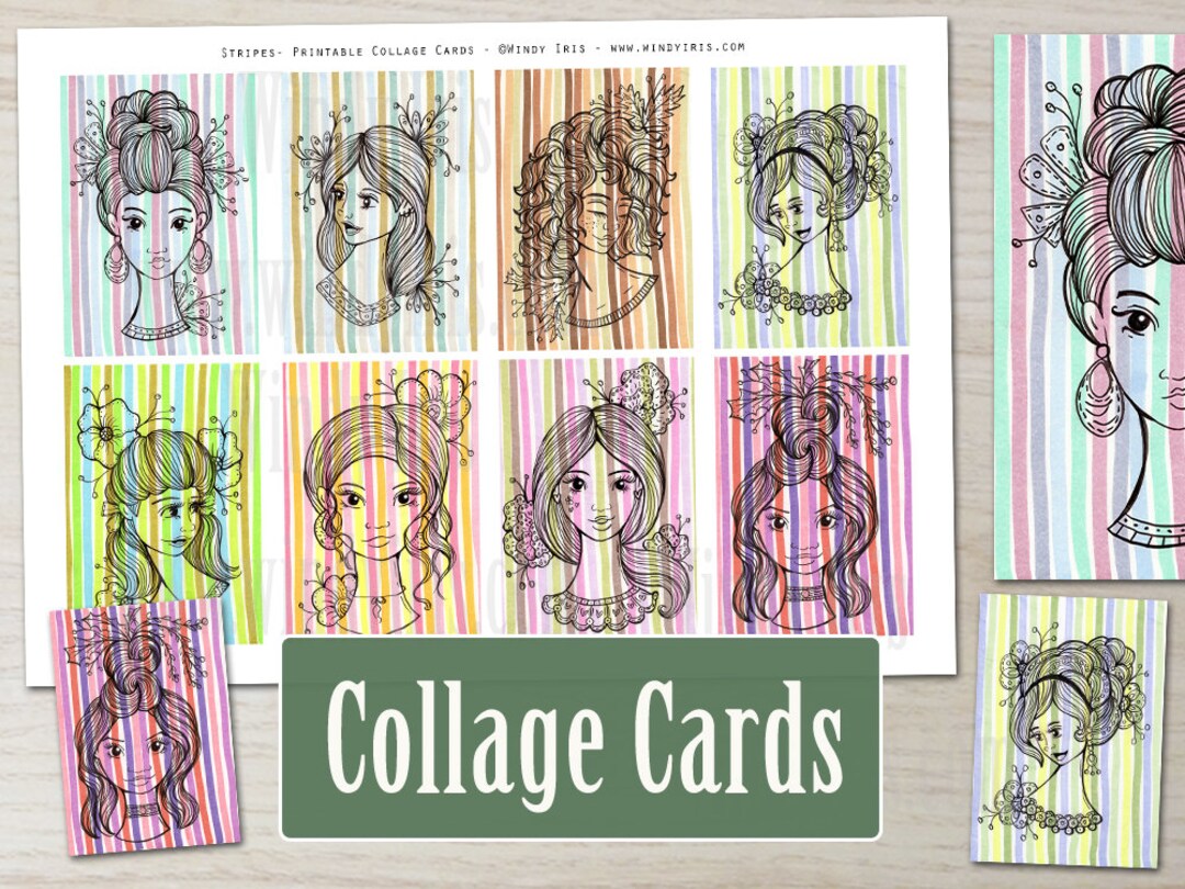 Printable Collage Cards Sheet PDF of 8 Hand Drawn Colorful Girls Faces ...