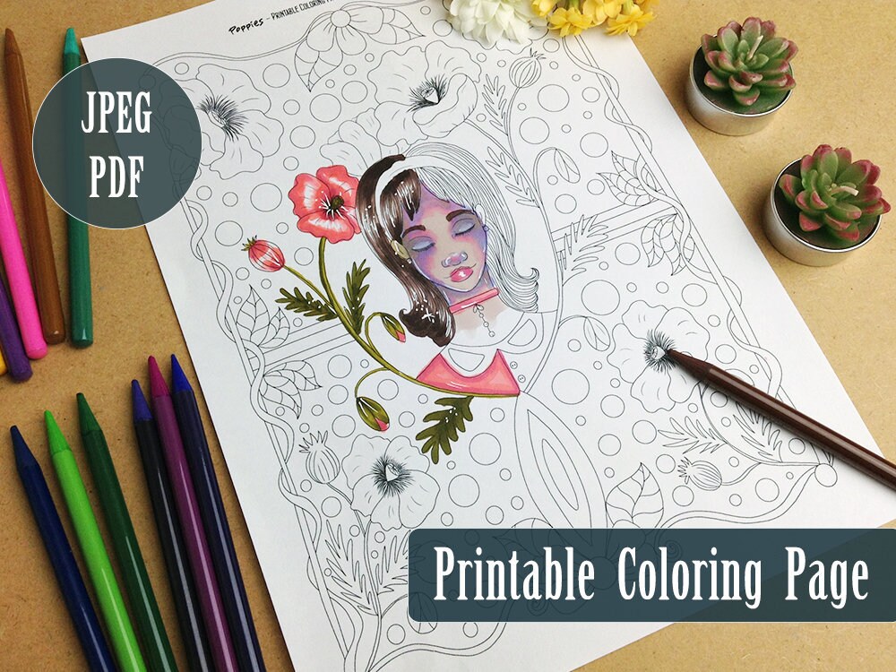 Poppies Girl Printable Coloring Page PDF, Poppy Floral Illustration ...