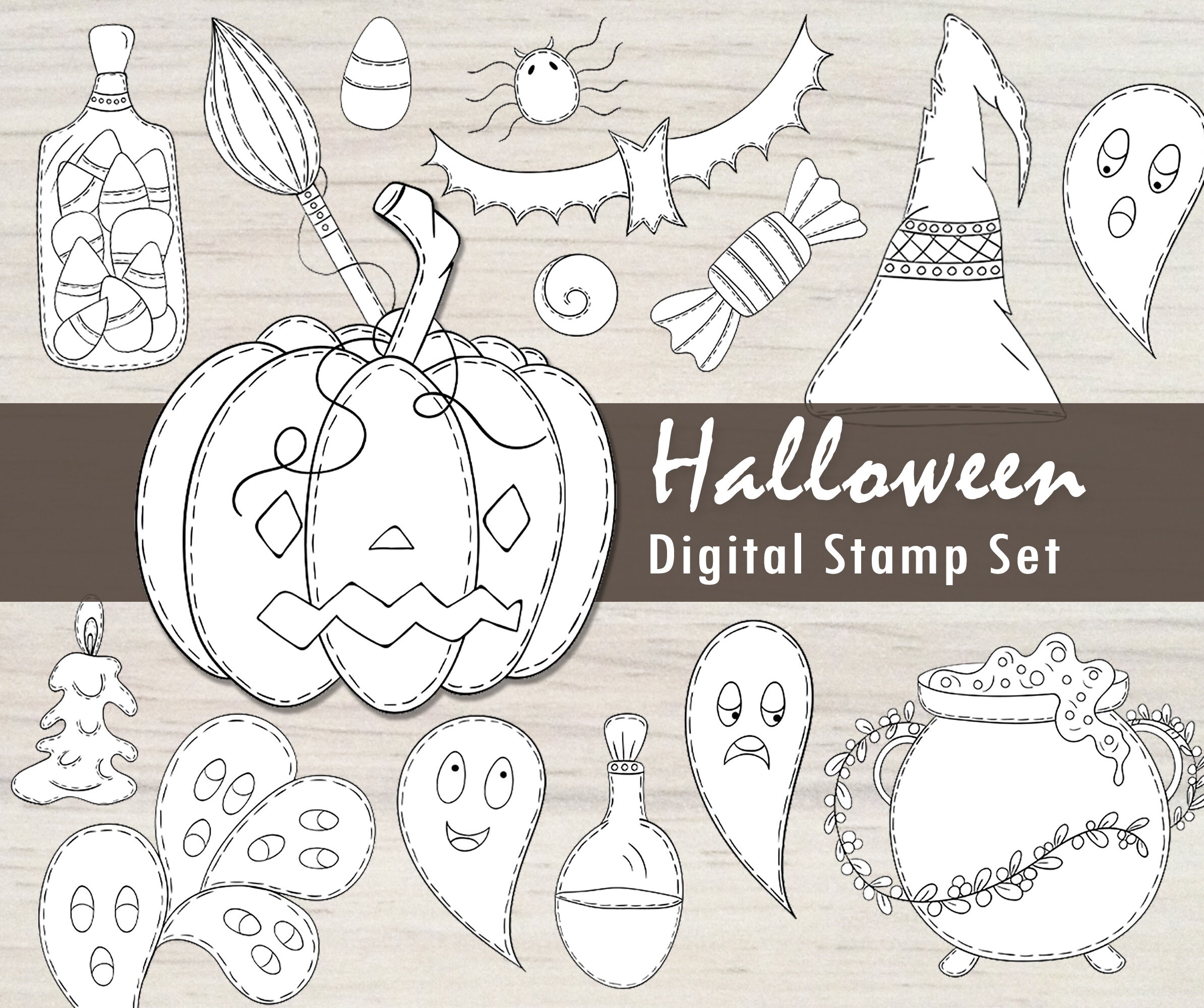 Halloween Digital Stamp Set of 16 Black and White Focal Points ...