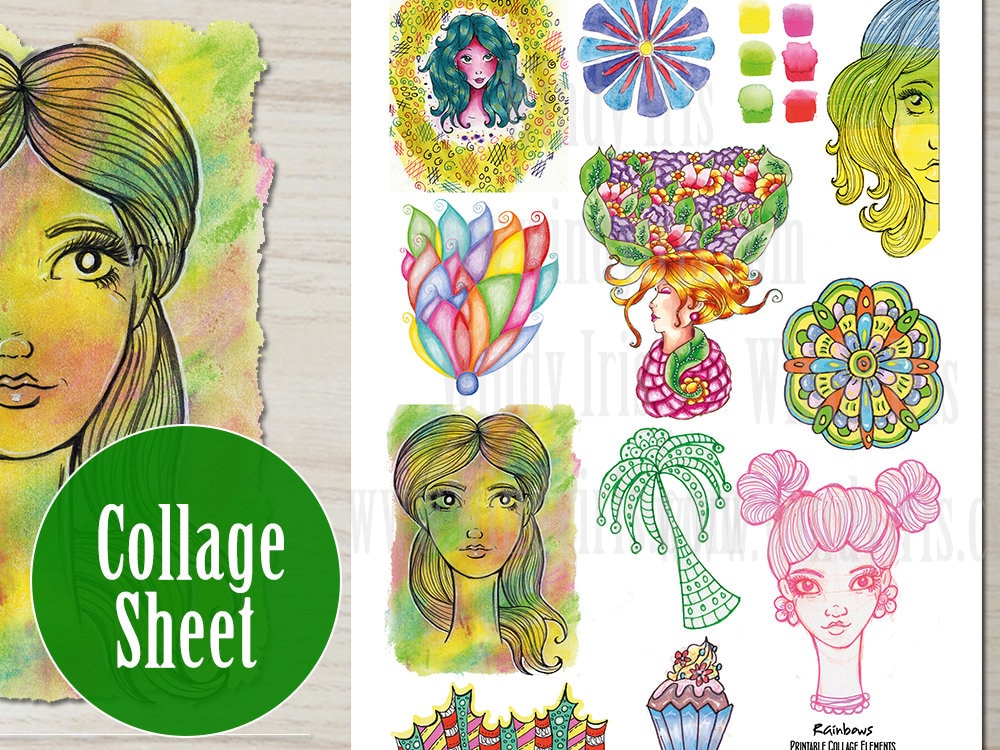 Rainbow Printable Collage Elements Sheet PDF of 12 Hand Drawn Collage ...