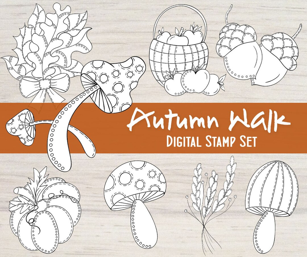 Autumn Walk Digital Stamp Set of 8 Black and White Fall Focal - Etsy