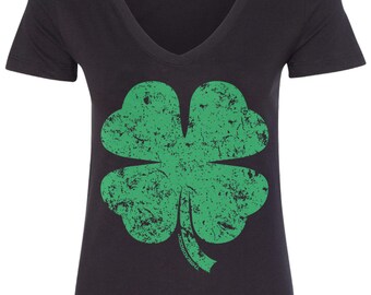 Distressed Four Leaf Clover Women's V-neck Fitted T-shirt | Etsy