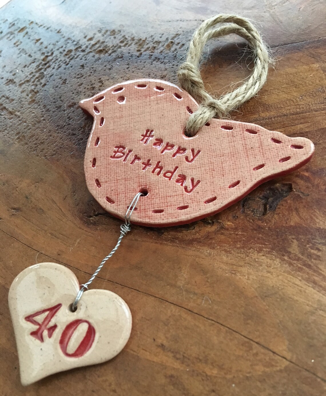 Happy 40th Birthday bird with heart hanging ceramic | Etsy