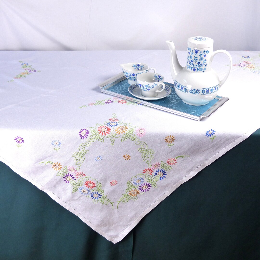 Vintage Hand Embroidered Linen Tablecloth: Art Deco Floral, Hemstitch ...