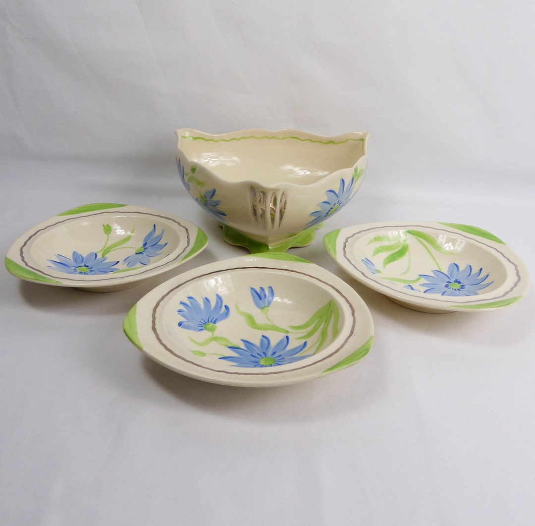 Hand Painted Triangular Art Deco Dessert Set Blue Cornflowers. Serving ...