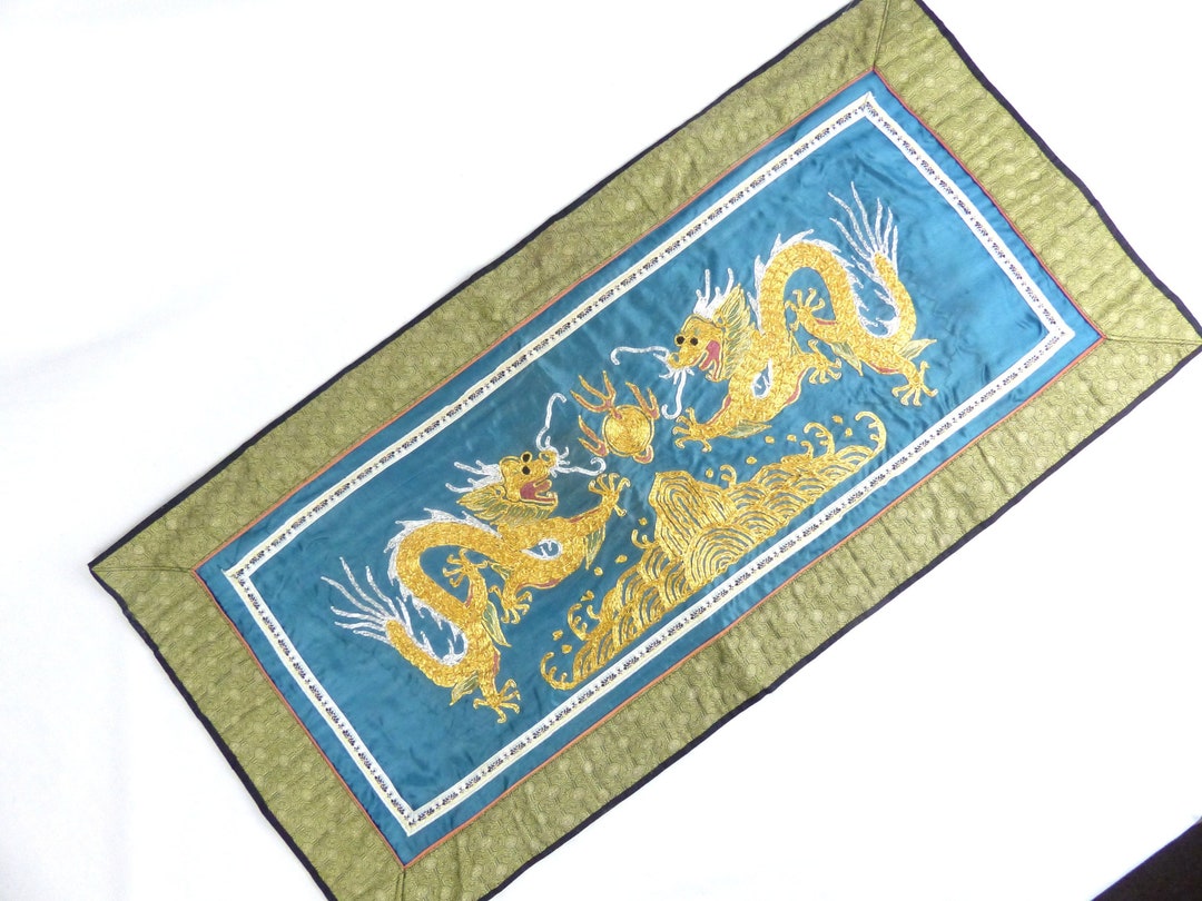 Vintage Chinese Gold Thread Embroidery: Dragon Satin Panel (26x12.5 ...