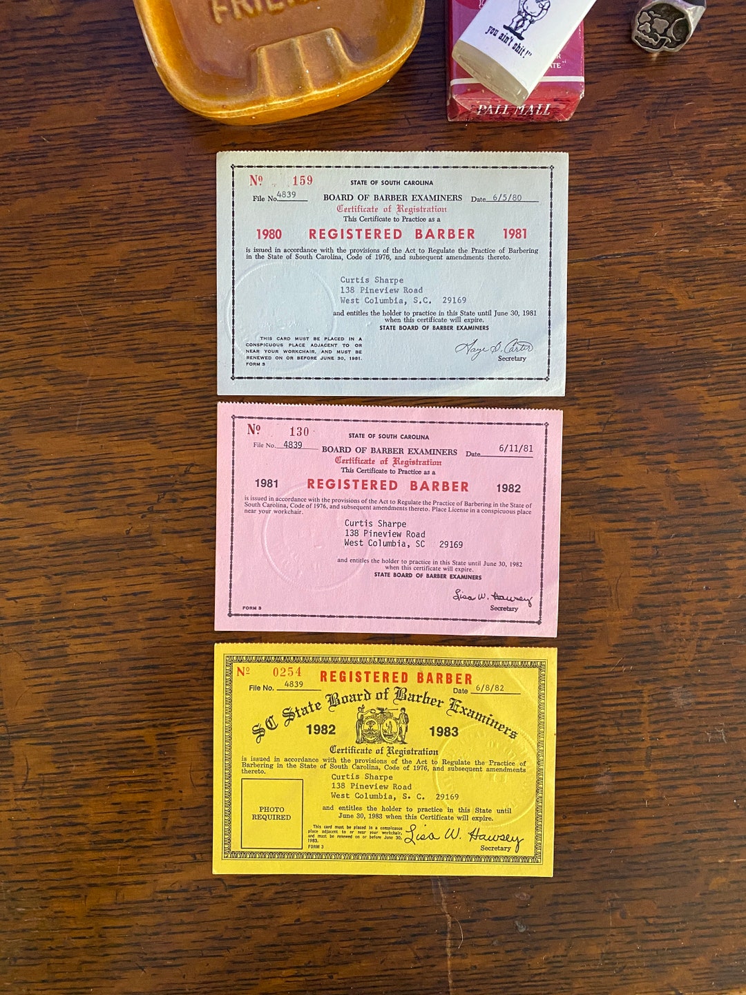 Vintage Barber Licenses - 1980 1981 1982 South Carolina - Etsy
