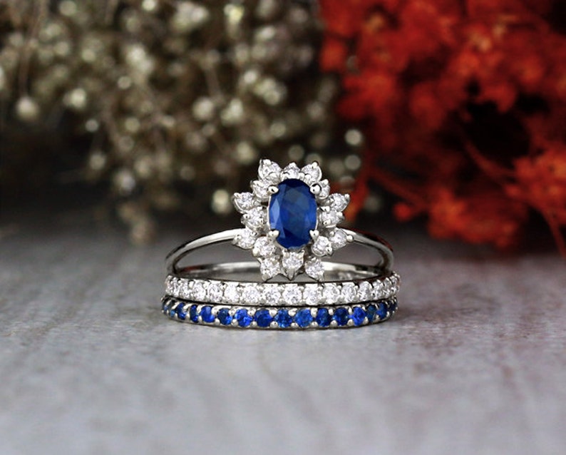 SET: Blue Sapphire Engagement Ring With Matching Diamond and | Etsy