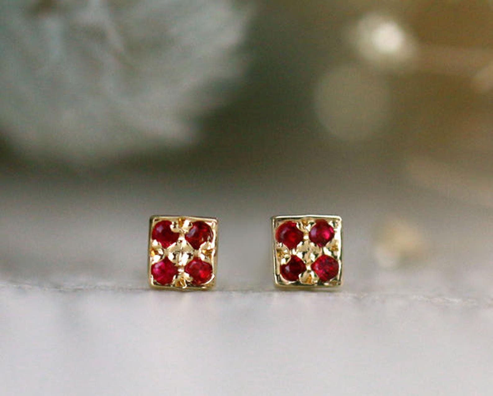 Natural Ruby Square Earrings | Solid 14K Gold | Pave Setting | Polished ...