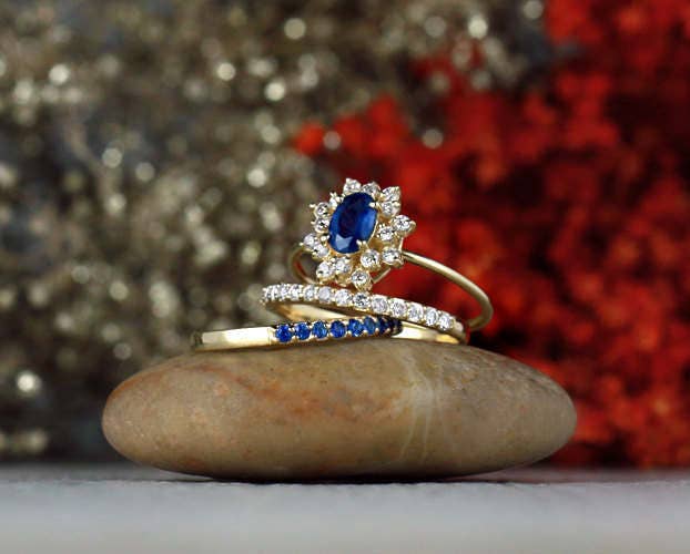 SET: Blue Sapphire Engagement Ring With Matching Diamond and | Etsy