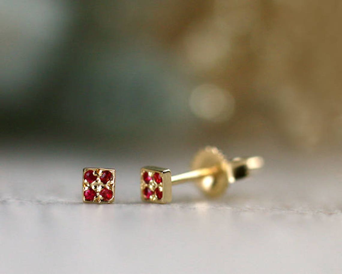 Natural Ruby Square Earrings | Solid 14K Gold | Pave Setting | Polished ...