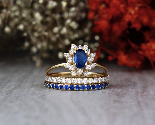 SET: Blue Sapphire Engagement Ring With Matching Diamond and | Etsy