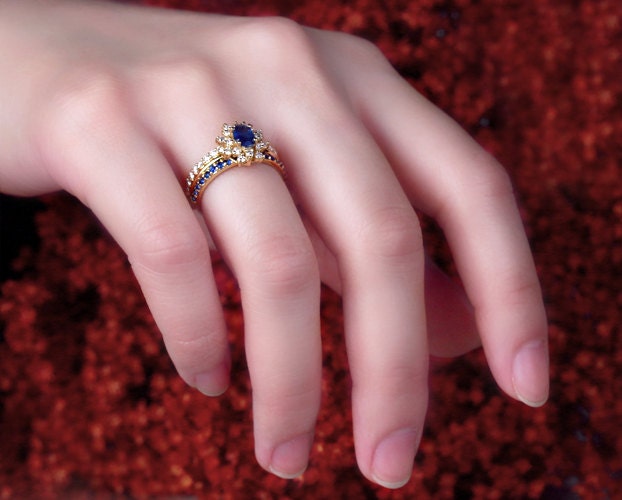 SET: Blue Sapphire Engagement Ring With Matching Diamond and | Etsy
