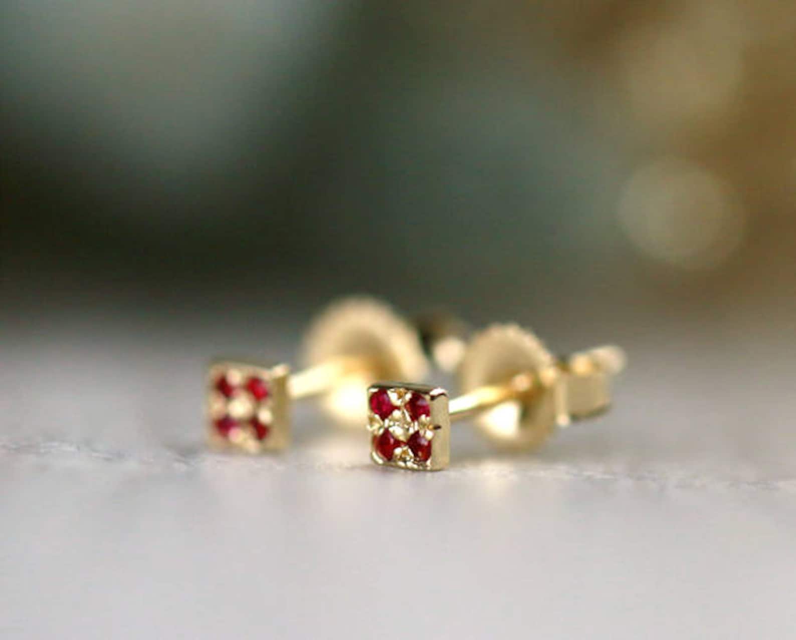Natural Ruby Square Earrings | Solid 14K Gold | Pave Setting | Polished ...