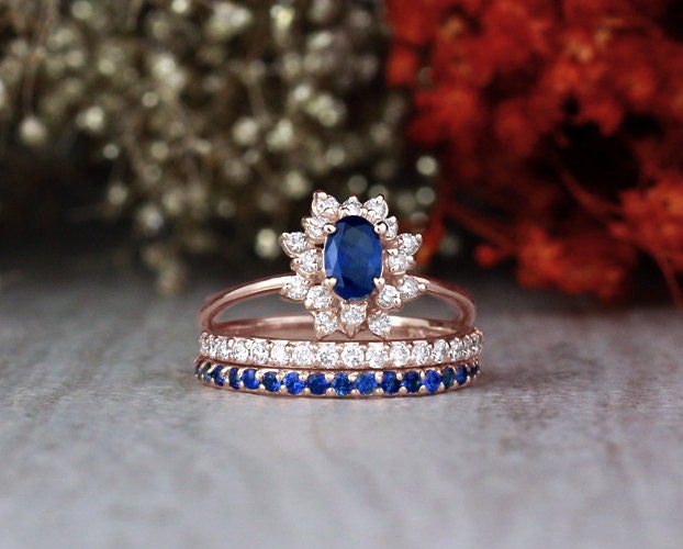 SET: Blue Sapphire Engagement Ring With Matching Diamond and | Etsy