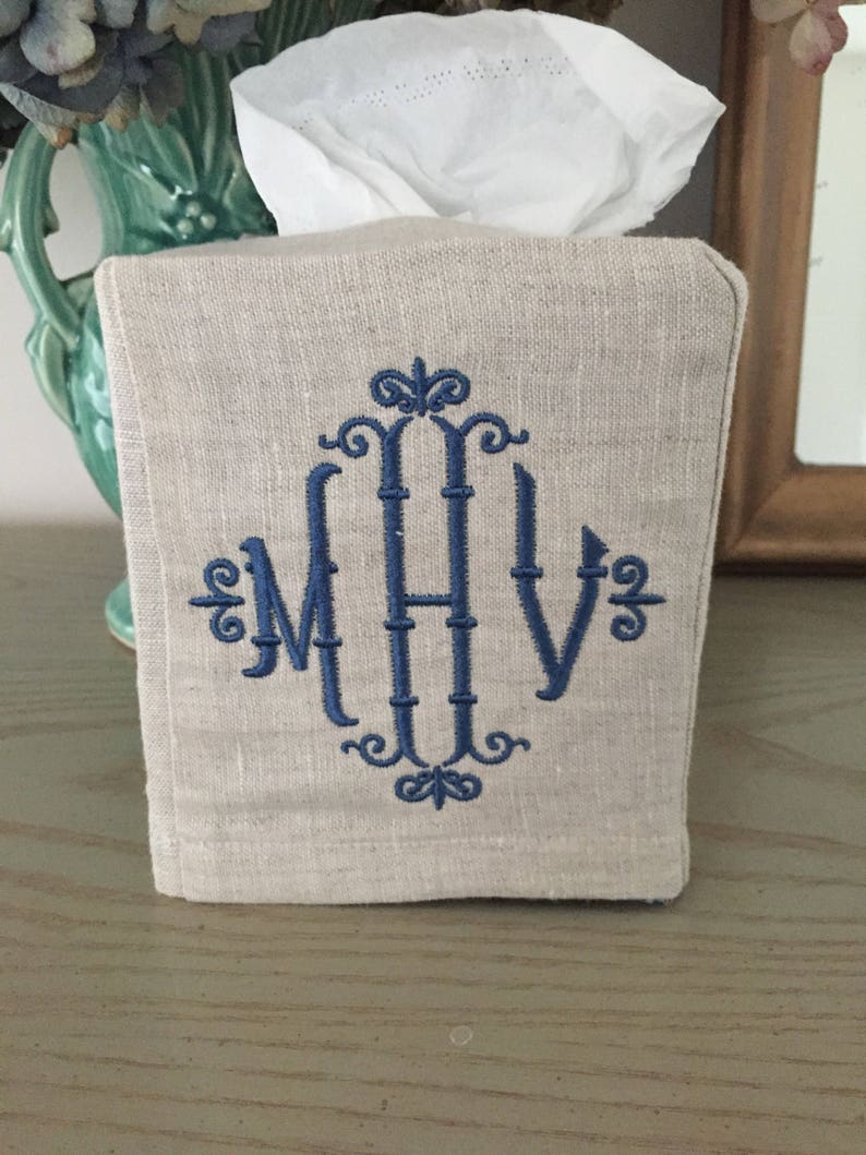 Monogrammed Tissue Box Cover Linen Bamboo - Etsy