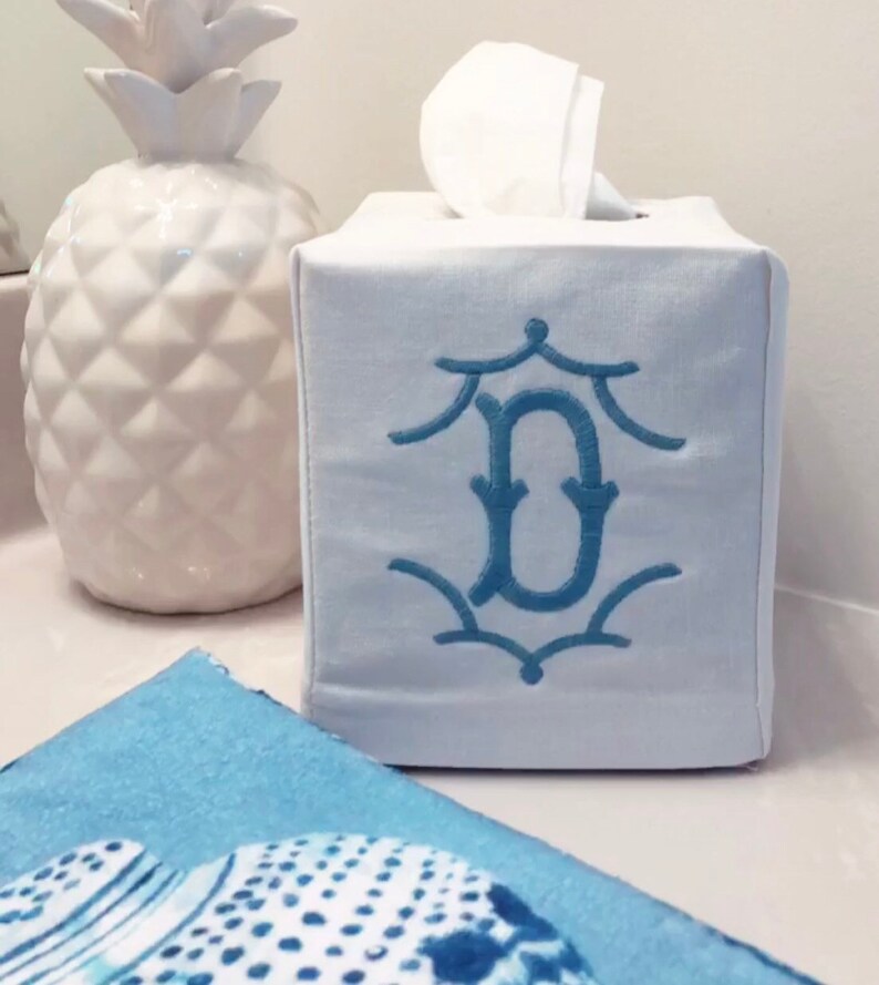 Monogrammed Tissue Box Cover Linen-temple Monogram, Monogrammed Gift ...
