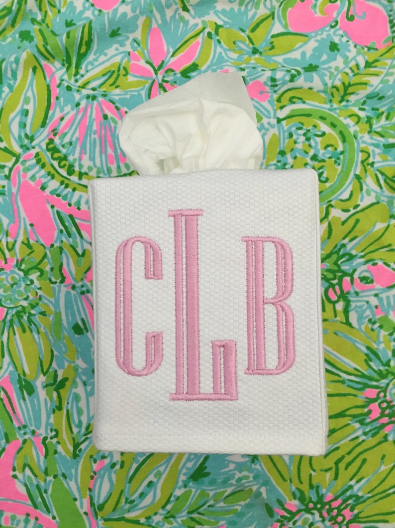 Monogrammed Linen Tissue Box Cover Bain Monogram, Monogrammed Gift ...