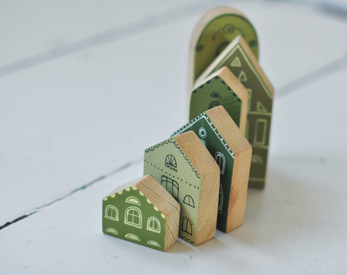 SET of 6 - Hand Painted Wooden Village, Miniature Houses, Miniature ...