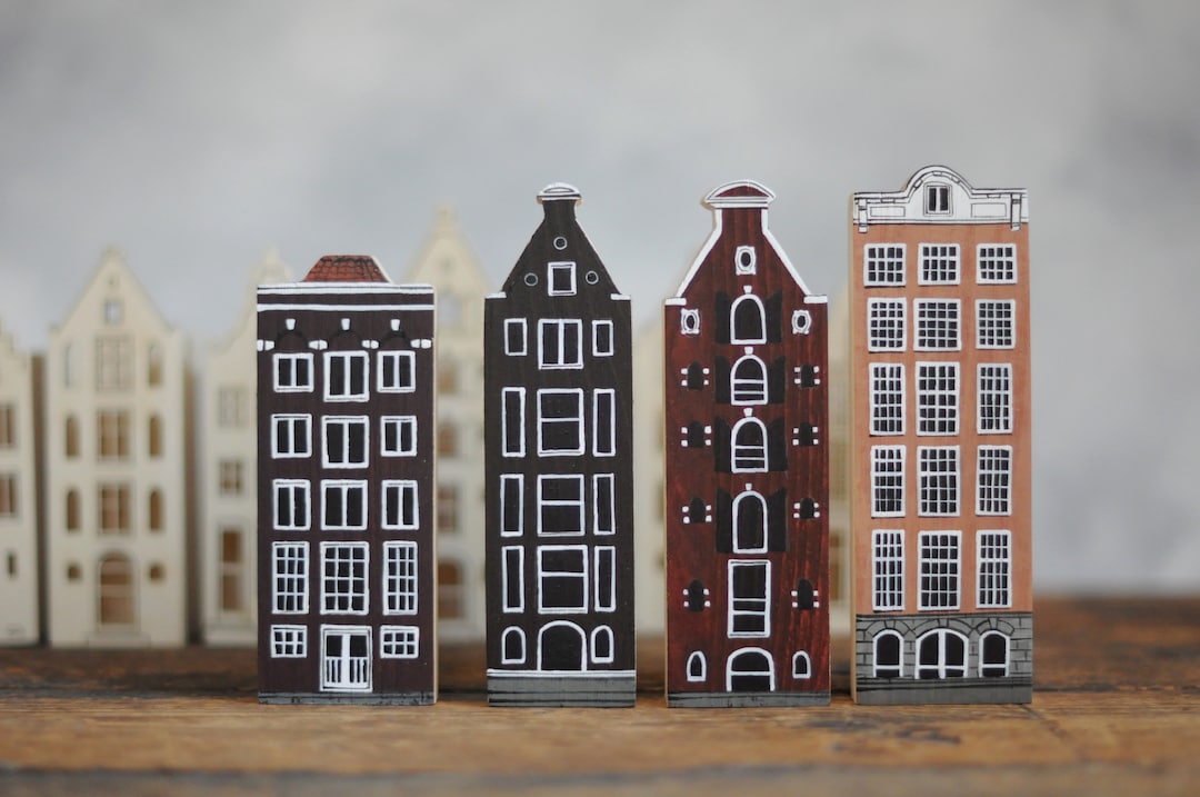 Set of 4 Wooden Amsterdam Houses, Damrak Street, Miniature Houses - Etsy