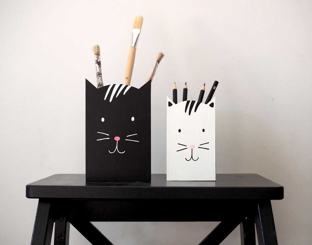 LARGE or SMALL Wooden Pencil Box CAT, Crayon Box, Pencil Holder, Kids ...