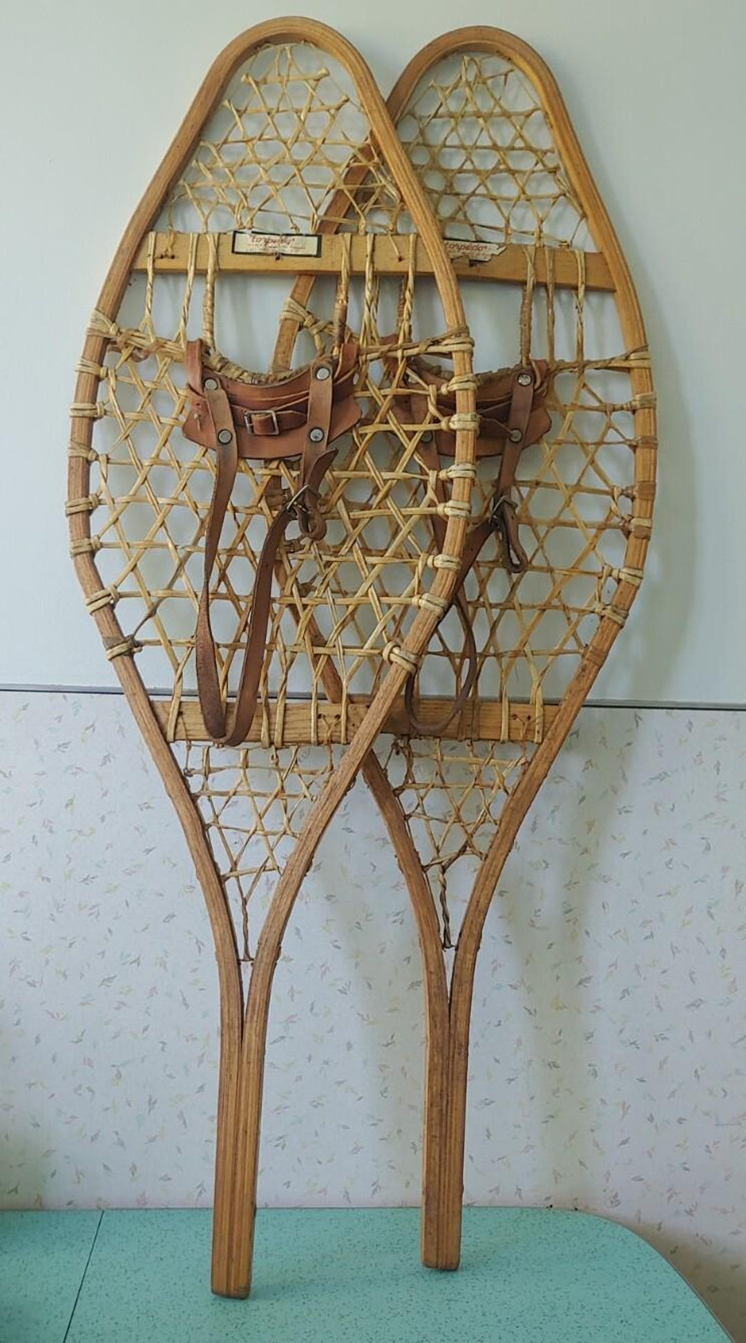 Vintage Pair of Wood Rawhide Leather Snow Snowshoes Torpedo Decor 14 ...