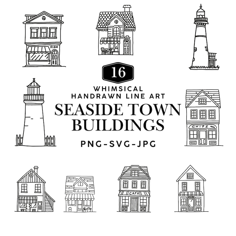 Line Art Buildings, Seaside Town Clipart, Whimsical Hand Drawn ...