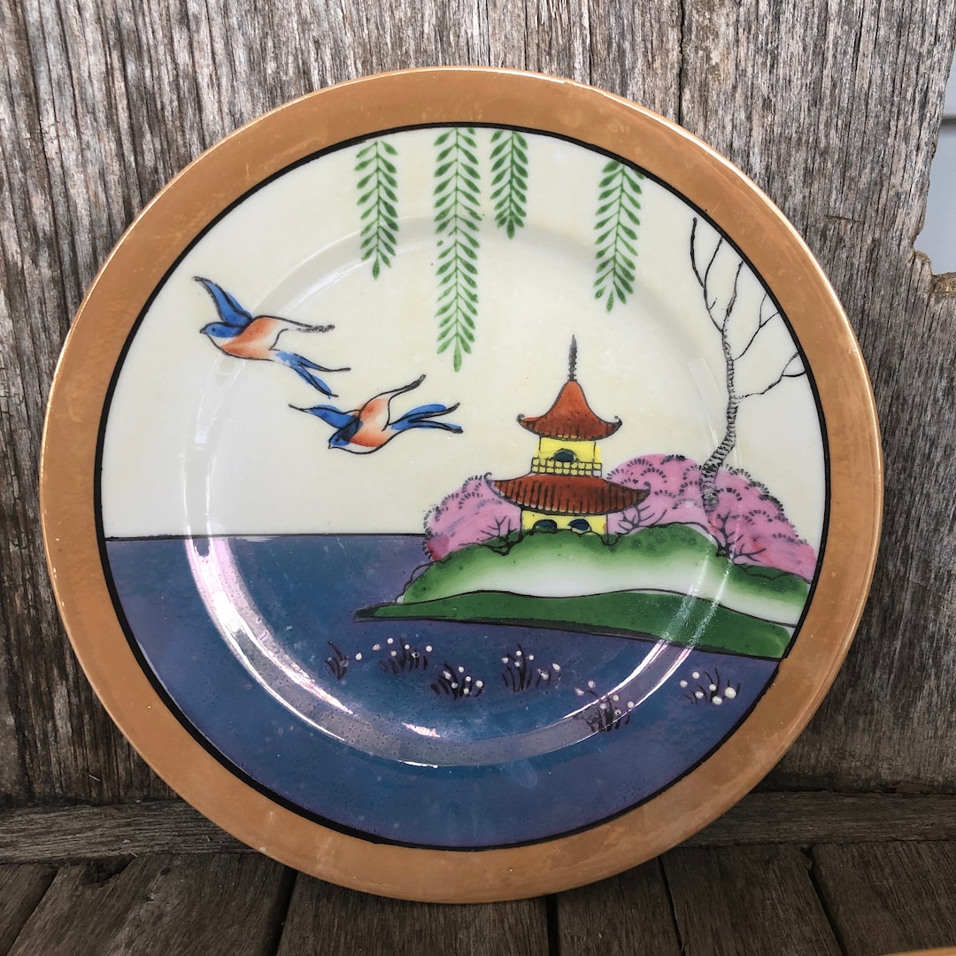 1920-30s Hand Painted Lusterware Japan Willow Set of 6 Plates - Etsy
