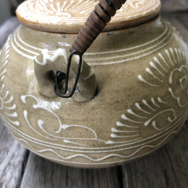 Antique Stoneware Teapot Korean Slipware With Cane Handle - Etsy