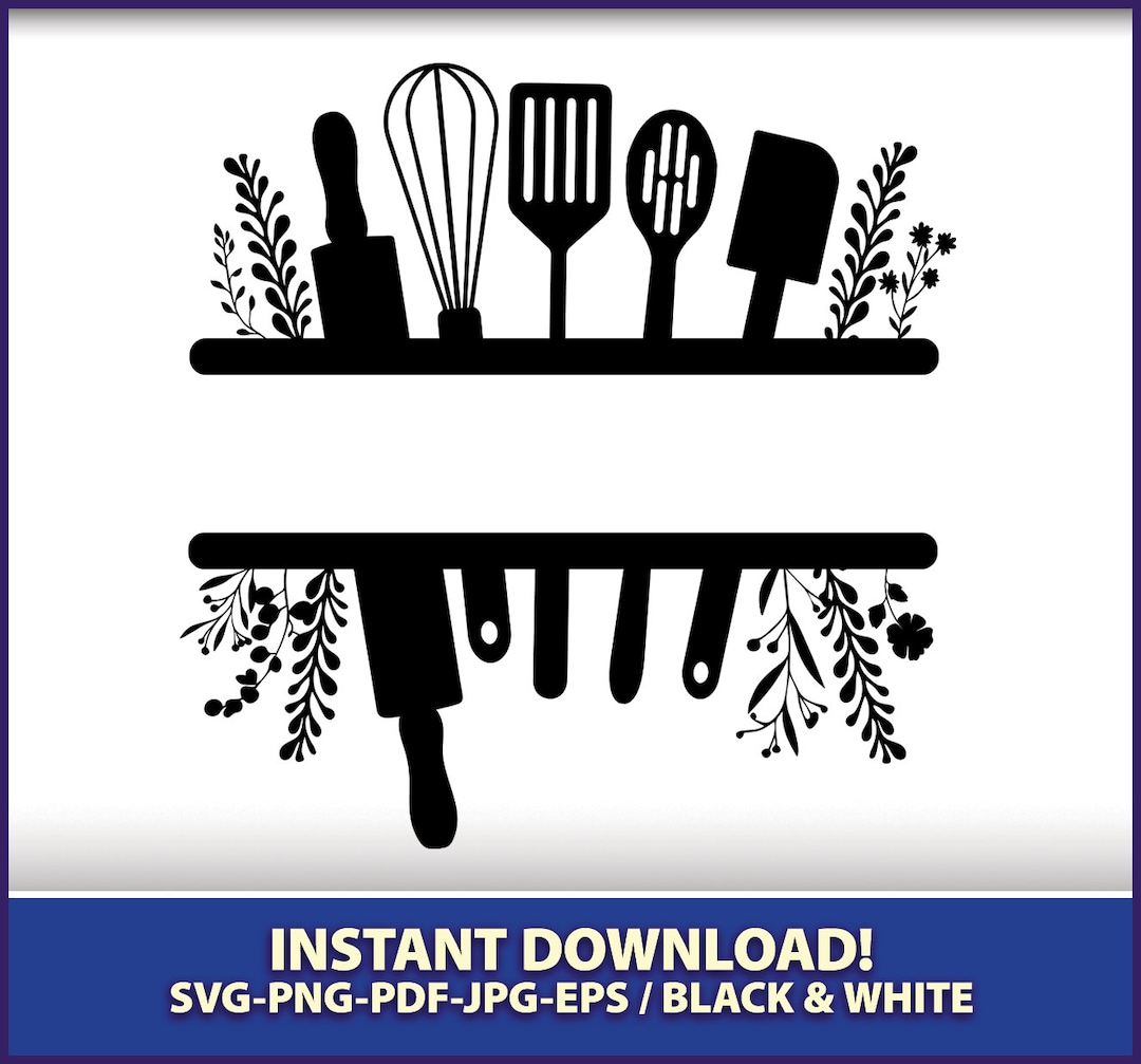 Kitchen Utensils Split SVG-PNG-JPG, Monogram, Baking Flourish, Cooking ...