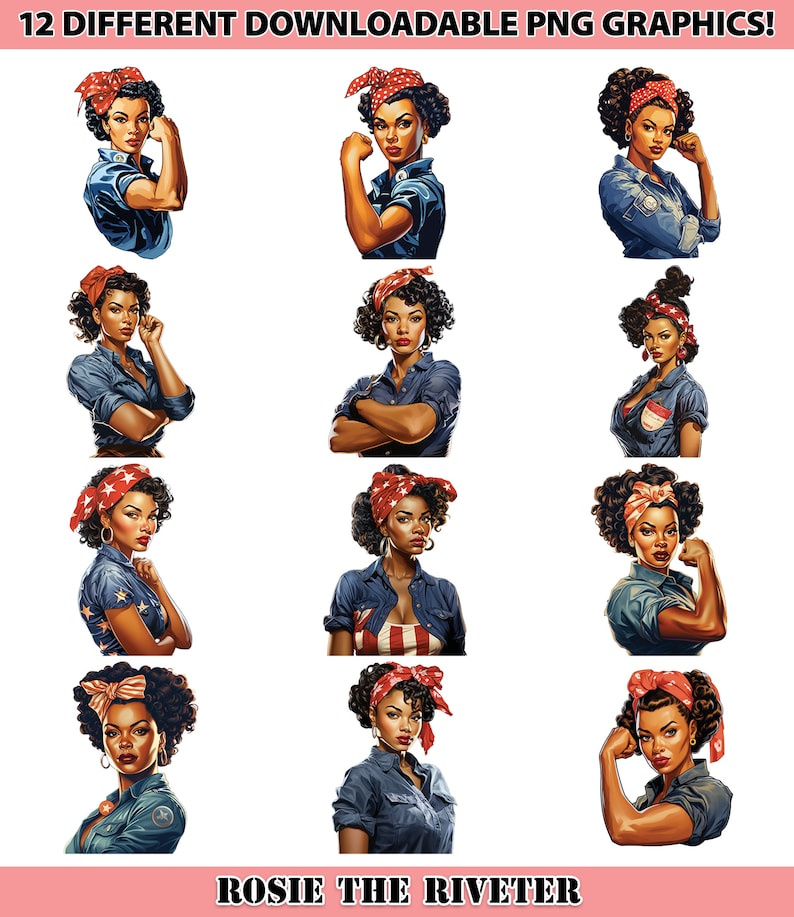 Rosie the Riveter African American PNG Design 12 Pack, Woman Power ...
