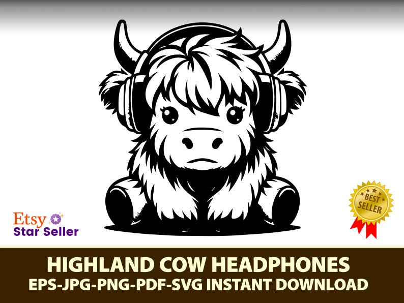 Cute Highland Cow Wearing Headphones Sitting SVG-PNG-JPG, Cow, Cute Cow ...