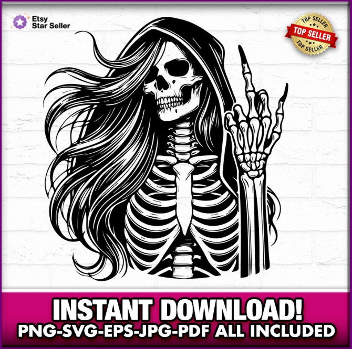 Female Grim Reaper Skeleton Cut Files EPS-SVG-PNG, Middle Finger Skull ...