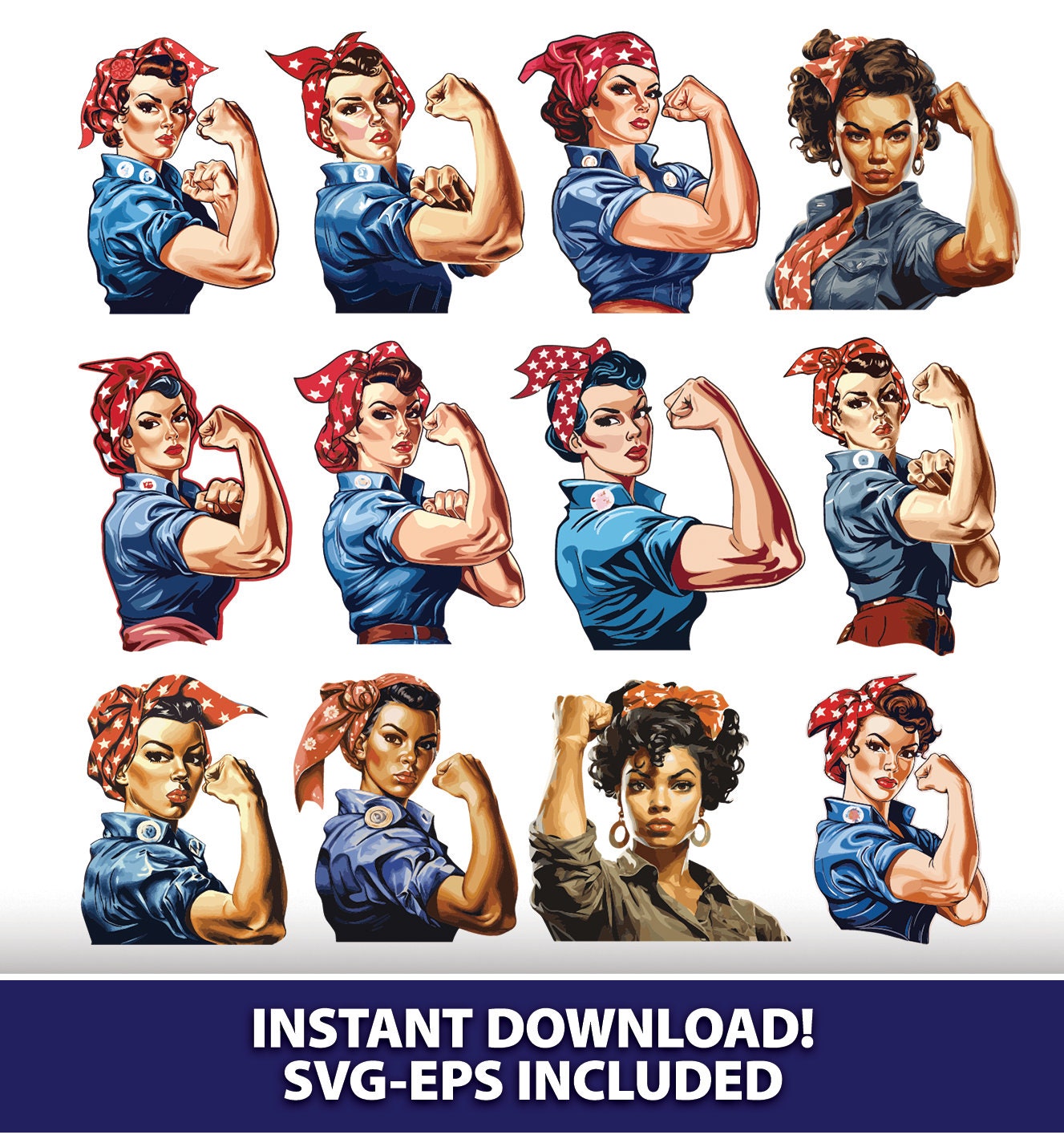 Rosie the Riveter SVG-EPS Design 12-pack, Woman Power Files, Girl Power ...