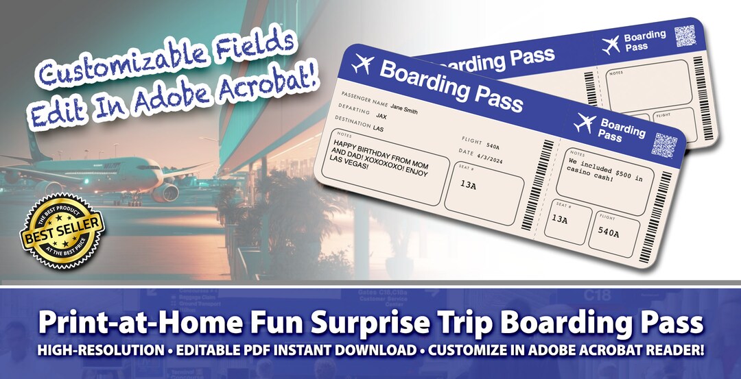 Print-at-home Boarding Pass, Surprise Trip, Fun Airline Ticket, Flight ...