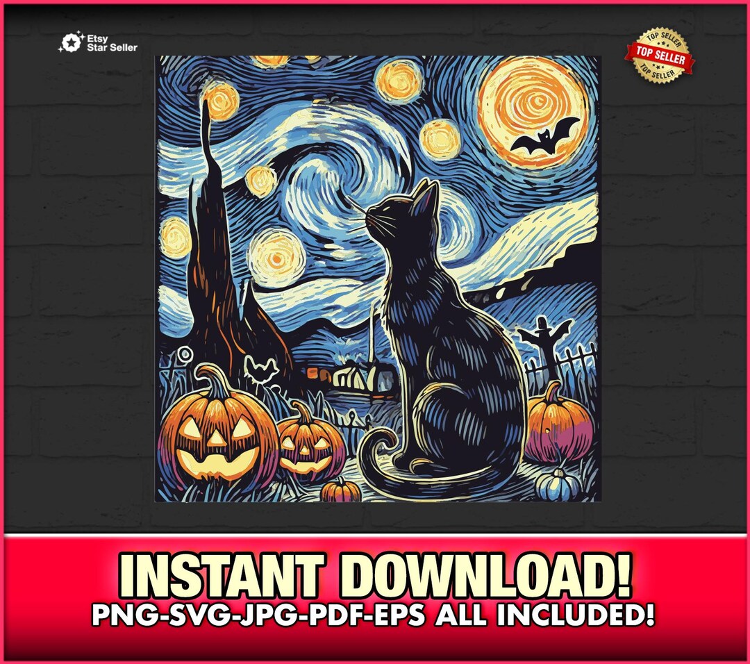 Black Cat Starry Night Halloween SVG-EPS-PNG, Instant Download, Spooky ...