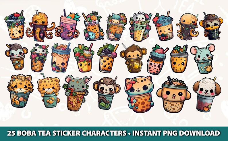 25 Boba Tea Digital Kawaii Bubble Drink PNG Graphics, Different Kawaii ...