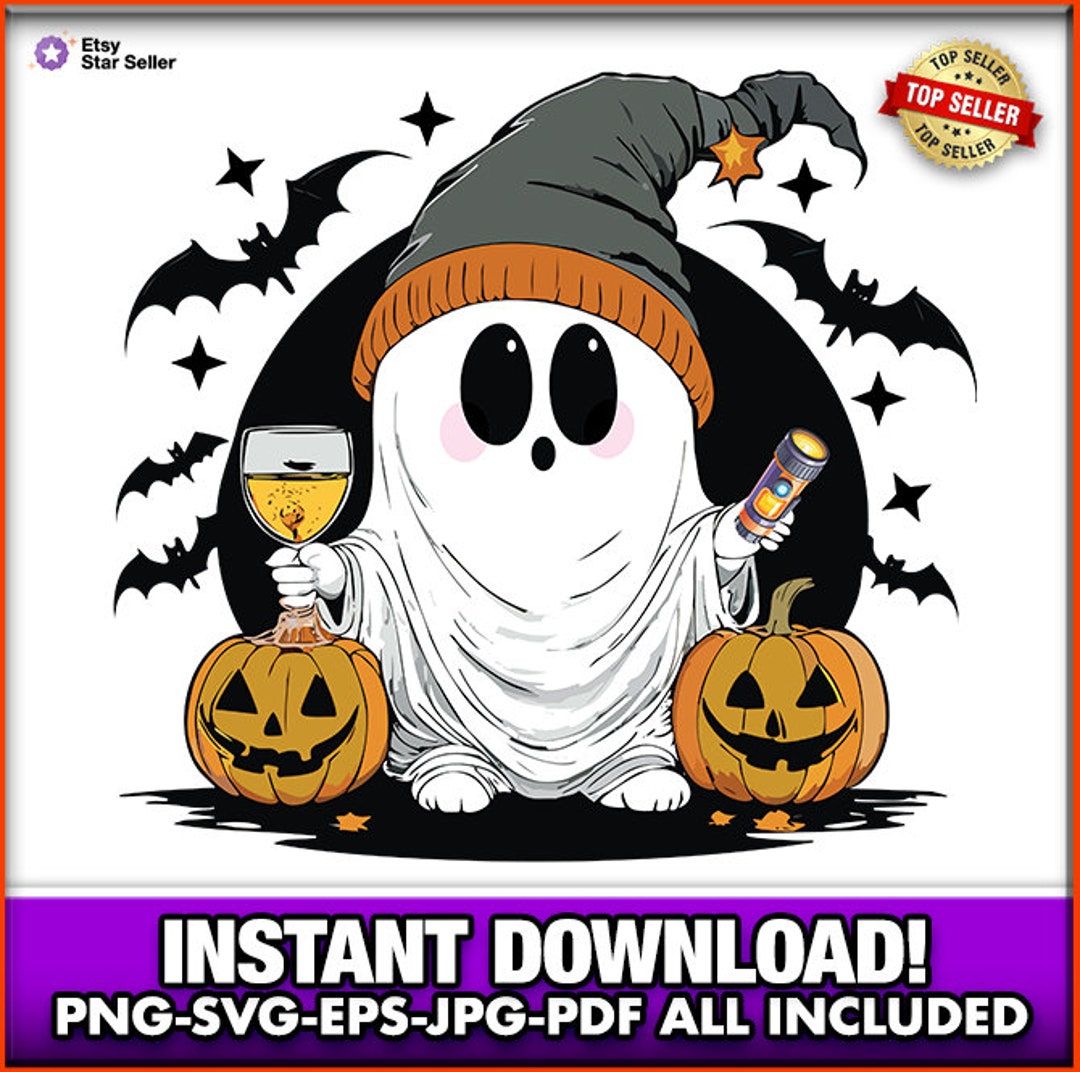 Cute Halloween Ghost Drinking Wine PNG-SVG-EPS, Instant Download ...