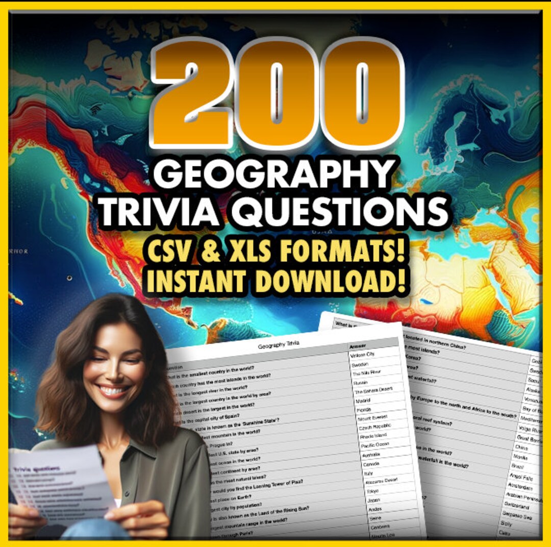 200 Geography Trivia Questions Instant Download CSV-XLXS World Fact ...