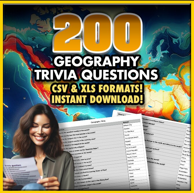 200 Geography Trivia Questions Instant Download CSV-XLXS World Fact ...